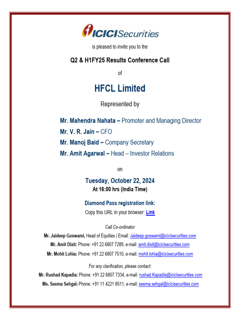 HFCL Q2FY25 Concall Invite | PDF | Law