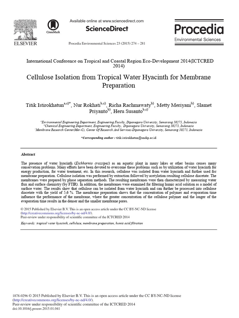 Cellulose Isolation From Tropical Water Hyacinth For Membrane | PDF | Acetic Acid | Acetate