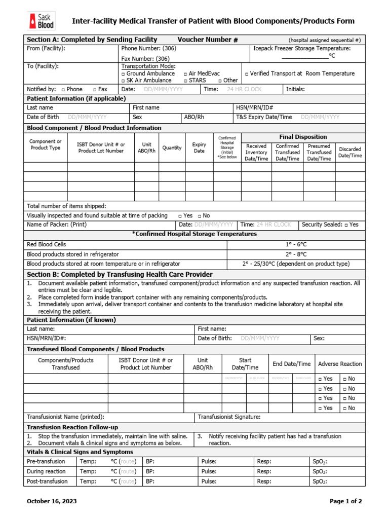 Inter Facility Medical Transfer of Patient With Blood Form 2023 10 16 ...