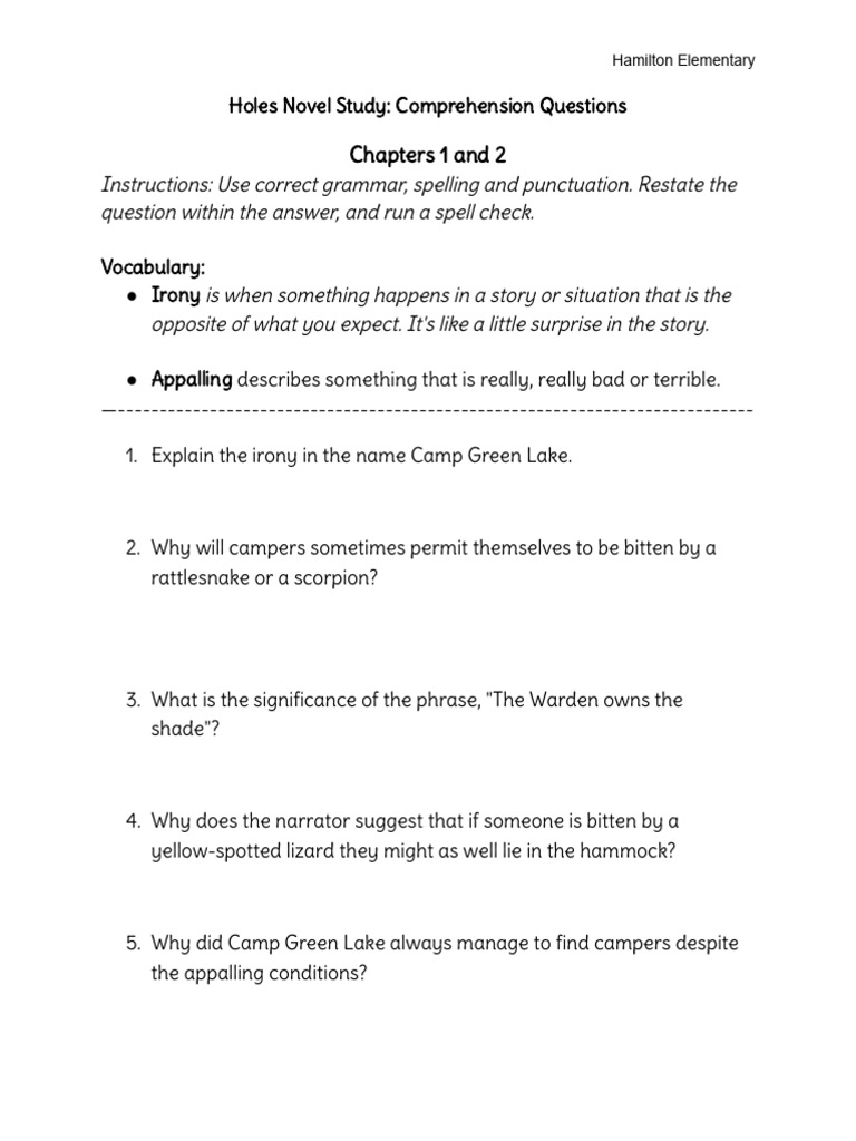 Holes Novel Study: Chapters 1-2 Questions | PDF