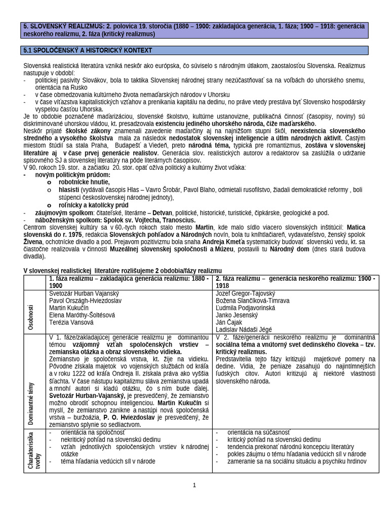 LIT2 - 5. SlovenskÃ Realizmus | PDF