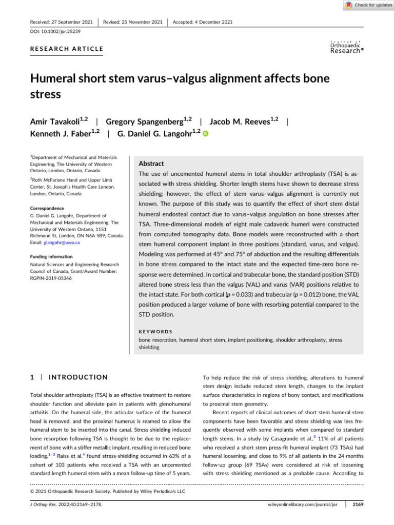 Humeral Short Stem Varus Valgus Alignment Affects Bone Stress | PDF ...