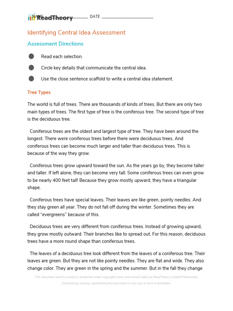 10-Identifying Central Idea Assessment | PDF | Spider Web | Trees