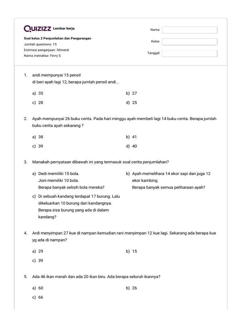 Soal kelas 2 Penjumlahan dan Pengurangan _ Quizizz | PDF
