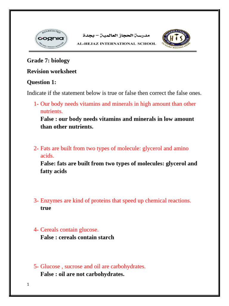 Revision Sheet For Quiz Grade 7 Third Semester | PDF | Vitamin | Nutrients