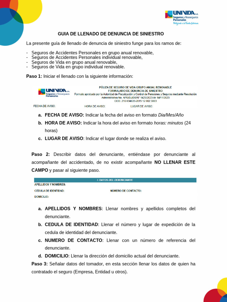 Guia de Llenado de Formulario de Aviso de Siniestro (1) - 1 | PDF | Documento de identidad