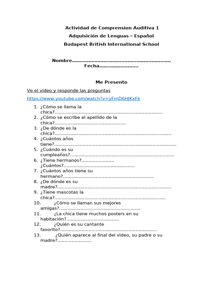 Actividad de Comprension Auditiva Me Llamo | PDF