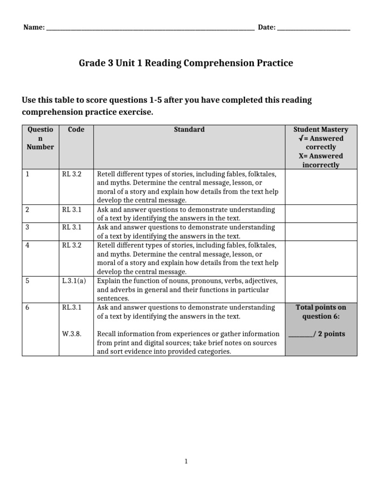 GR 3 Unit 1 Reading Comp Practice | PDF | Information | Adverb