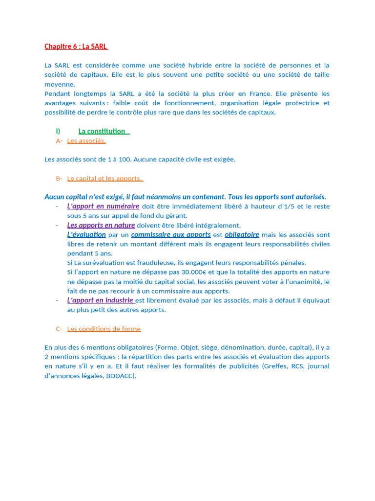 Fonctionnement de la SARL en France | PDF | Répartition | Obligation ...