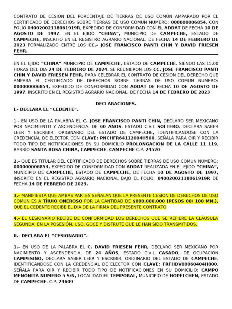 Cesion de Derecho A Titulo Oneroso | PDF | Campeche