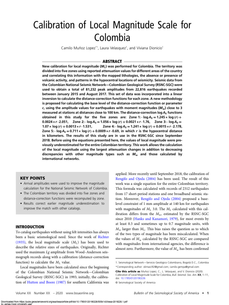 Local Magnitude Calibration for Colombia | PDF | Earthquakes | Plate ...