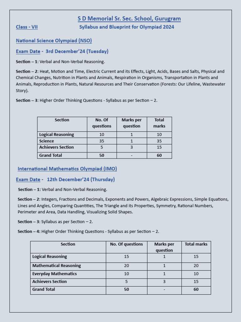VII Olympiad - Syllabus & Marking Scheme @sdms | PDF | Verb | English Language