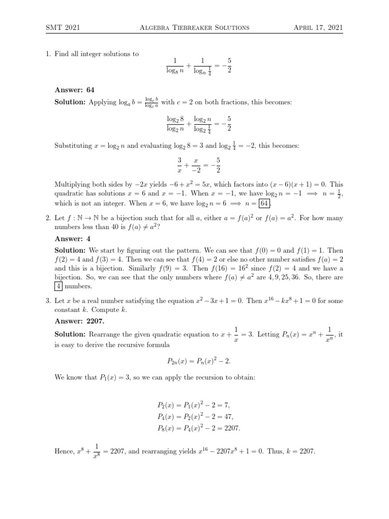 Algebra Tiebreaker Solutions | PDF | Discrete Mathematics | Number Theory