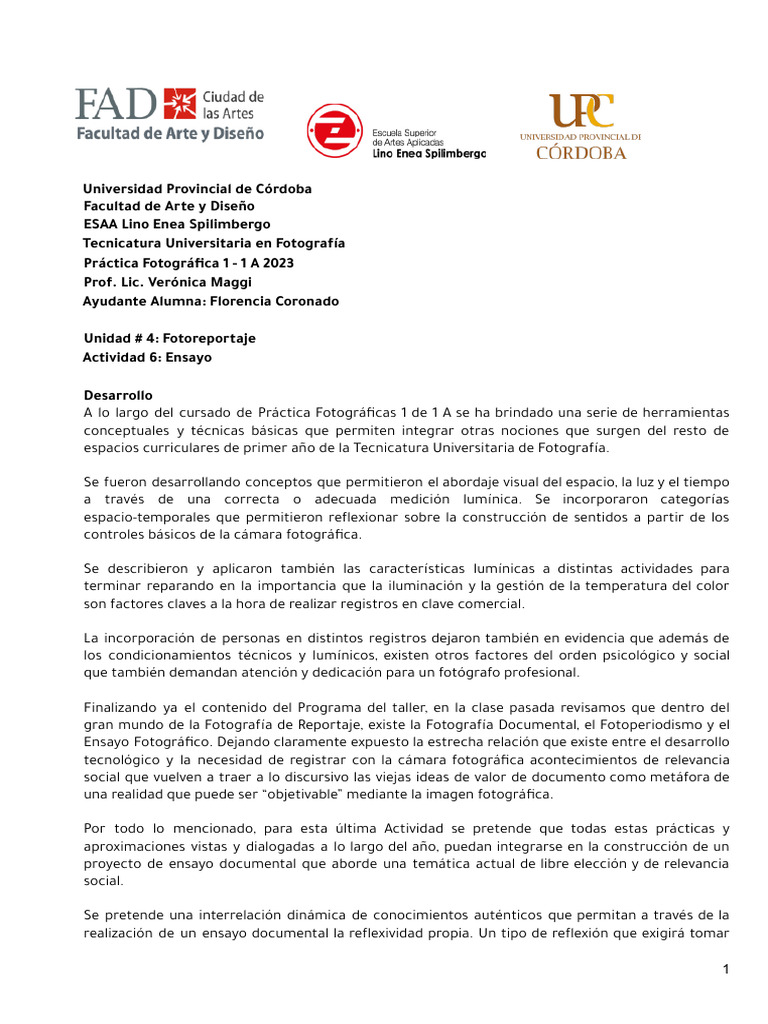 TU Fotografia - Practica Fotografica 1 - Actividad 6 Ensayo Documental 2023 (1) | PDF | Ensayos ...