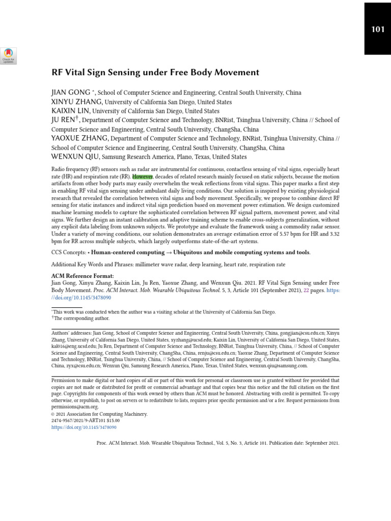 IMWUT'21 - RF Vital Sign Sensing Under Free Body Movement | PDF | Radar ...