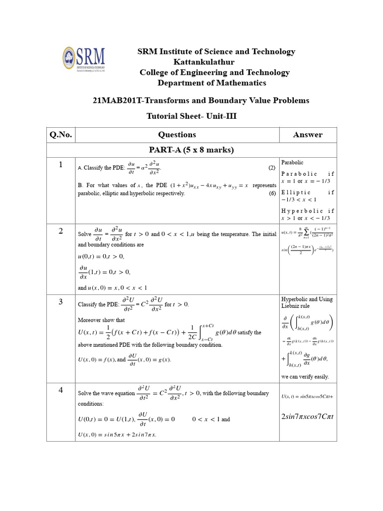 21MAB201T Tutorial Sheet Unit 3 | PDF | Partial Differential Equation | Mathematical Analysis