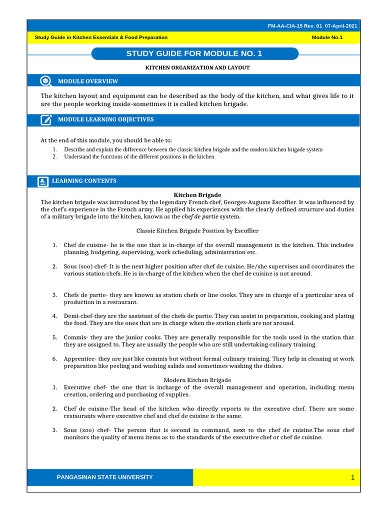 KITCHEN ESSENTIALS Module 1 | PDF | Chef | Foods