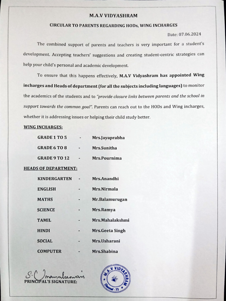 Circular Regarding Wing Incharges and HODs | PDF