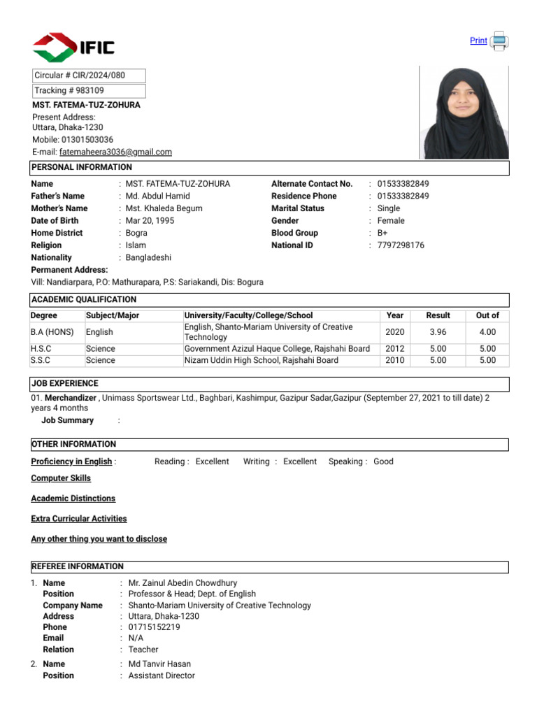 Resume of Mst. Fatema-Tuz-Zohura | PDF | Bangladesh | Bengal