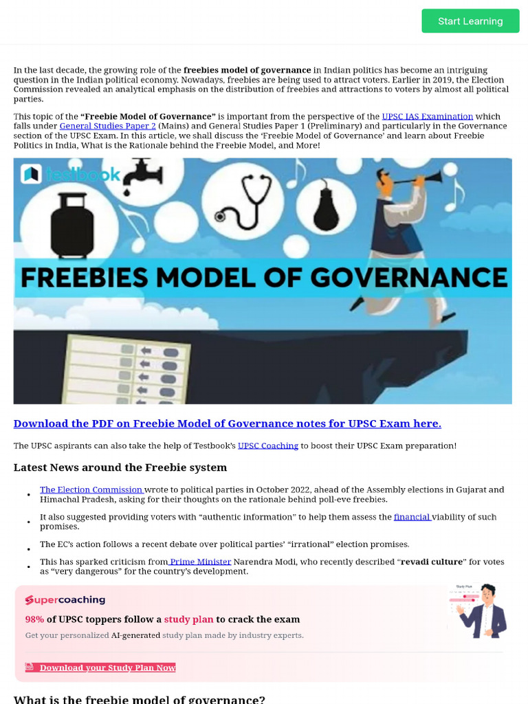 Freebie Model of Governance - Know About Freebie Politics in India | PDF