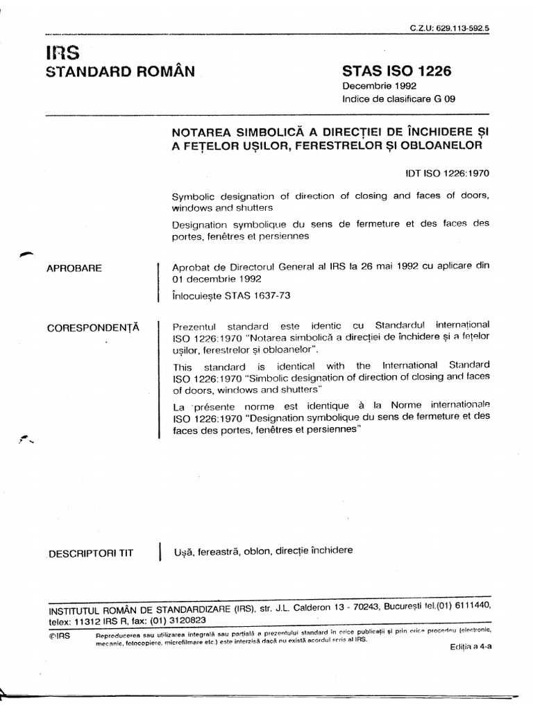 STAS ISO 01226-1992 Notare usi, ferestre, obloane | PDF
