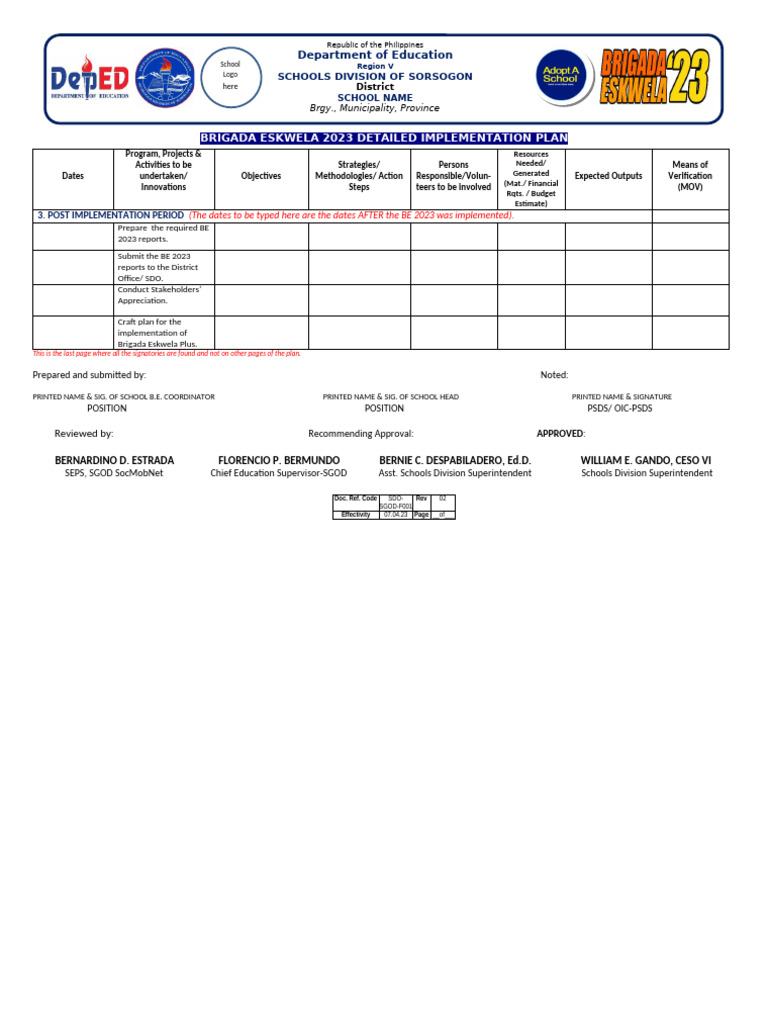 3 Be 2023 Detailed Implementation Plan Post Implementation Stage | PDF