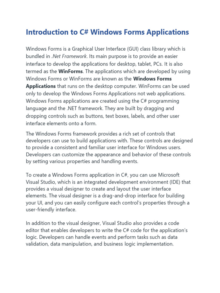 8.introduction To C# Window Form Application | PDF | Graphical User Interfaces | Window (Computing)