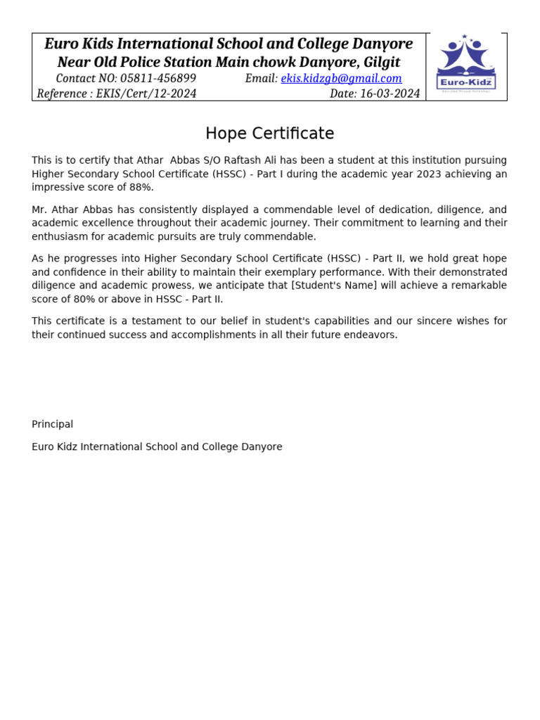 Hope Certificate | PDF | Career & Growth