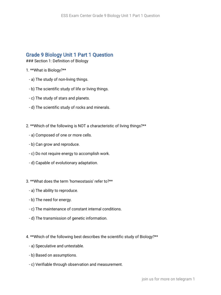 Grade 9 Biology Unit 1 Part 1 Question | PDF
