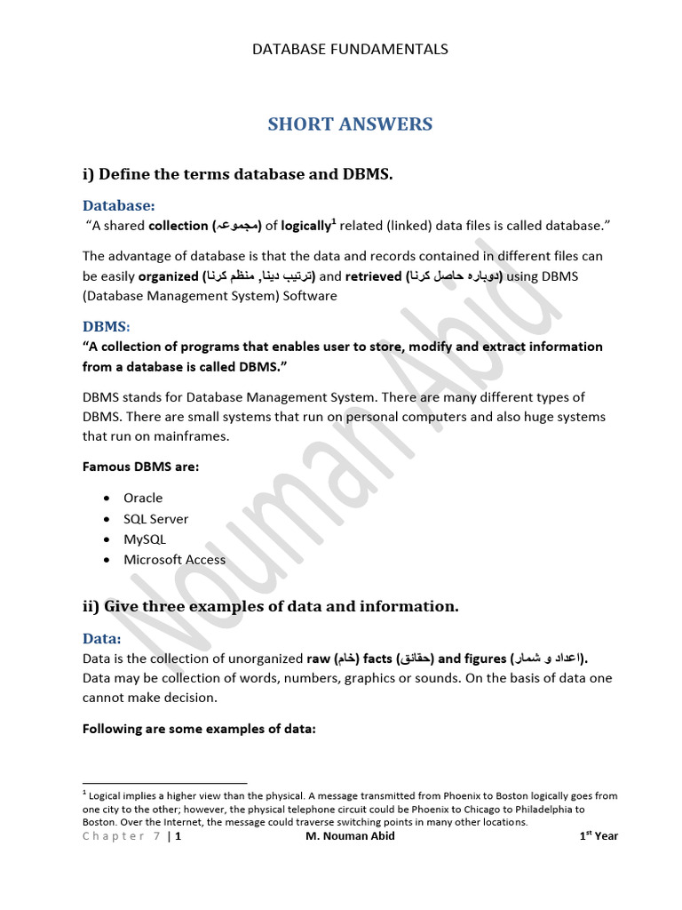 CH 7 1st Year (Nouman) Database Fundamentals | PDF | Relational Database | Databases
