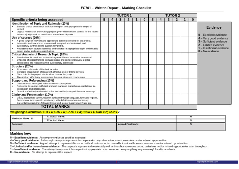 FC701 Report Marking Checklist Guide | PDF | Critical Thinking | Cognition