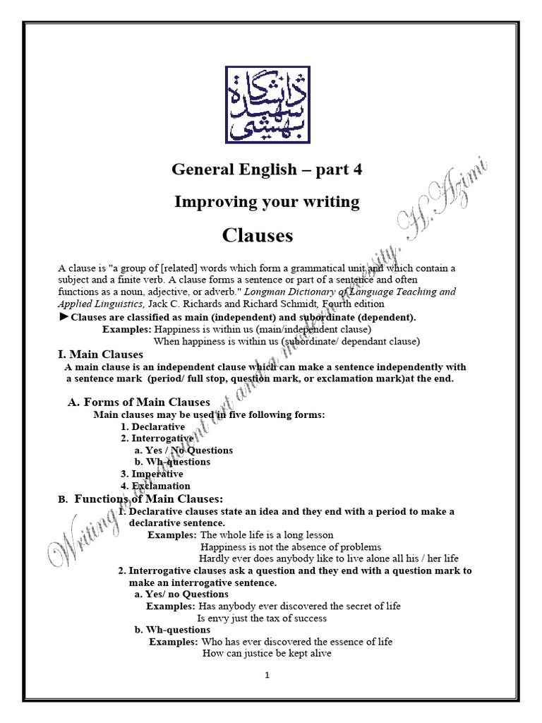 General English - Part4 - Writing - Clauses and Sentences 1-SBU | PDF ...