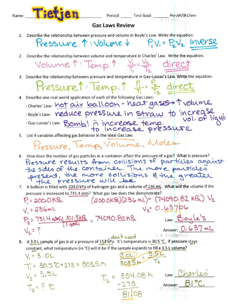 Review KEY Gas Laws 2022-23 | PDF