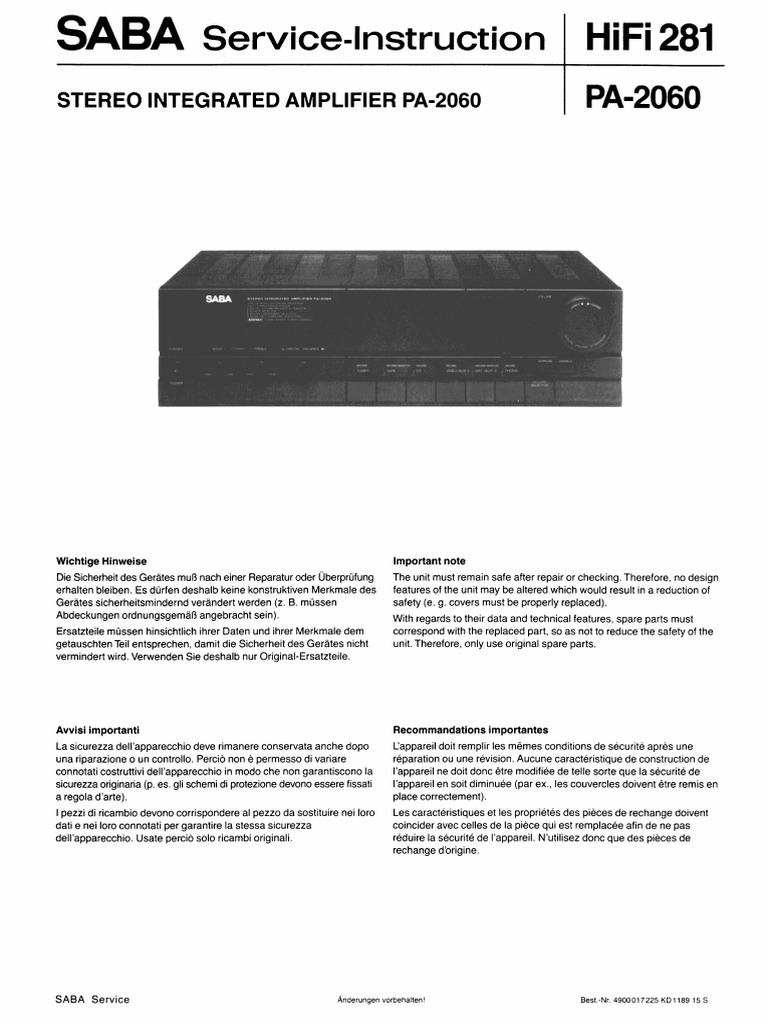 Saba Stereo Integrated Amplifier Pa-2060 SM | PDF