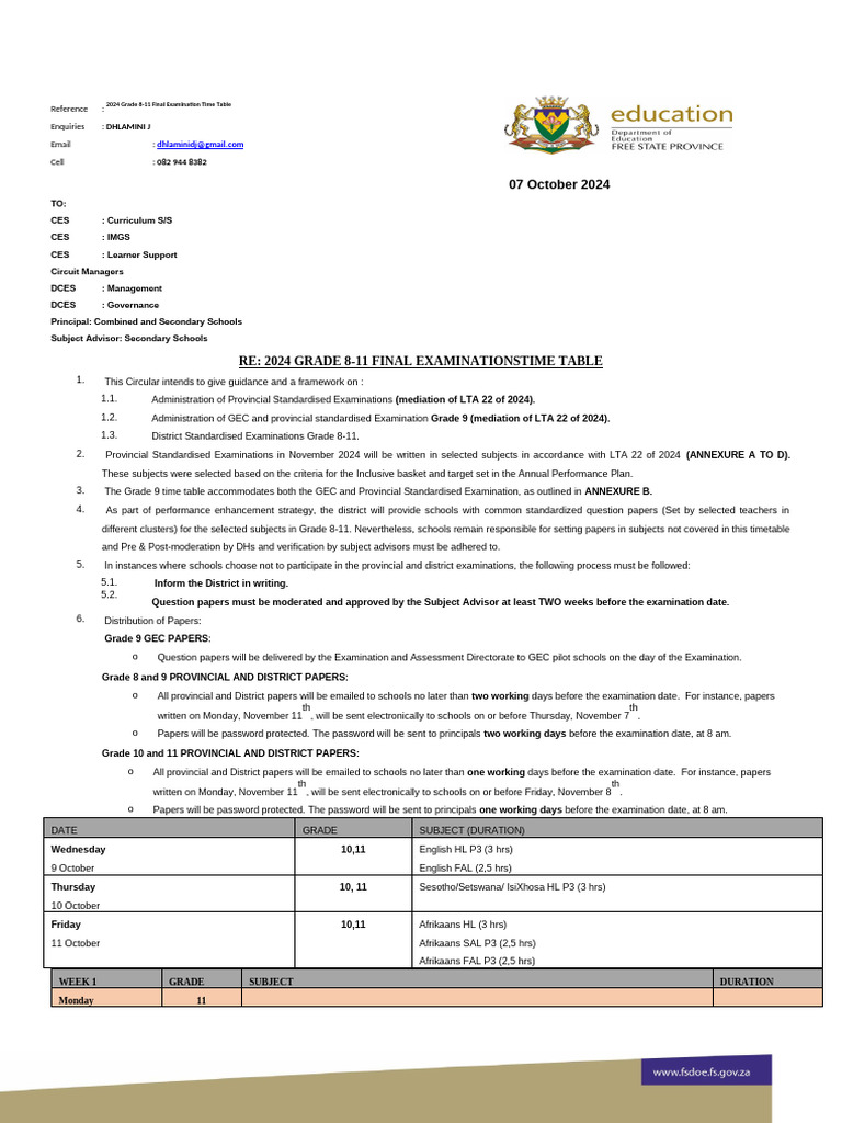 Grade 8 Final Exam Timetable 2024 | PDF | Standardized Tests