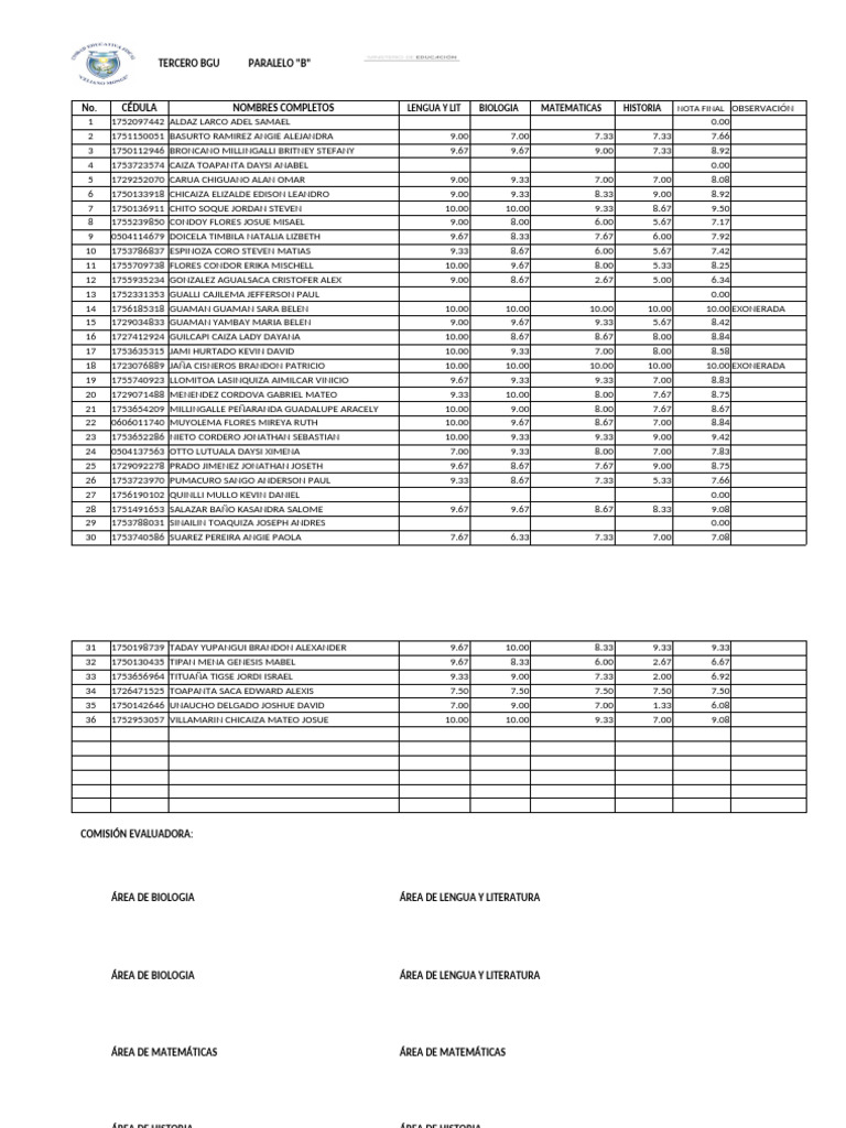 Cuadro Evalaucion Bach Vespertina Ce | PDF