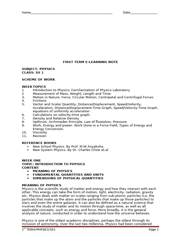 1ST TERM S1 PHYSICS-1 | PDF | Force | Acceleration