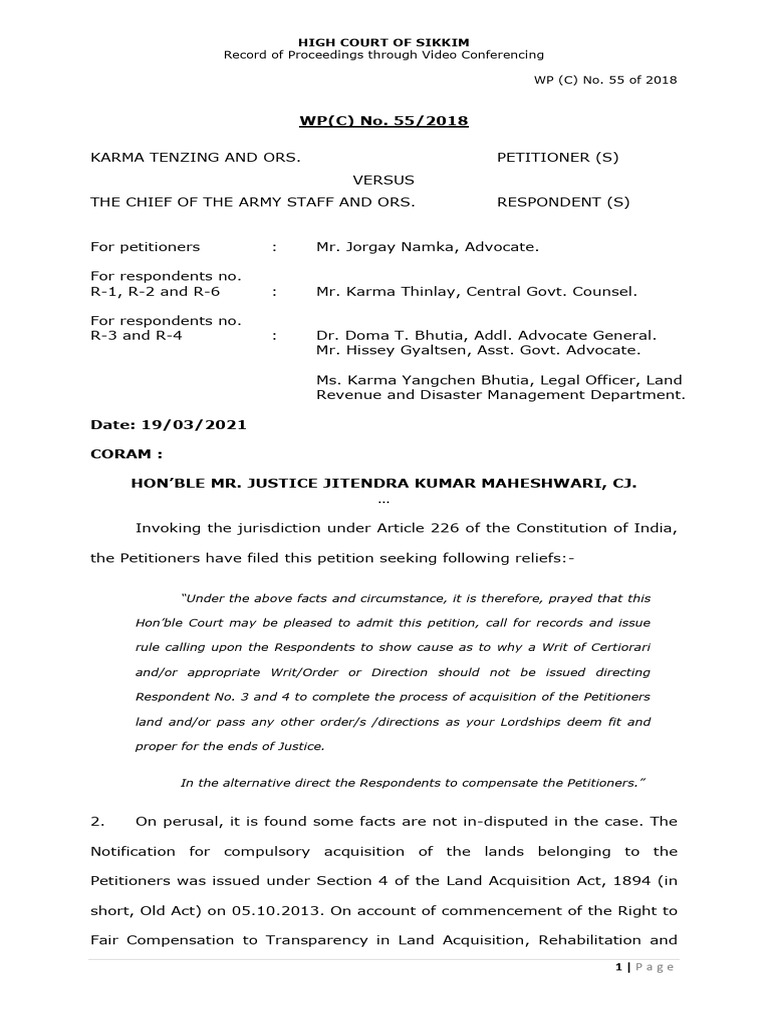 Karma Tenzing V Cheif of Army Staff | PDF | Eminent Domain | Damages