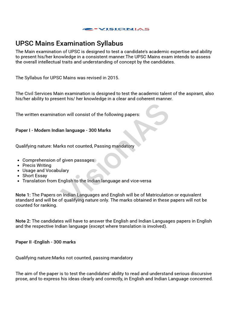 UPSC Mains Exam Syllabus Overview | PDF