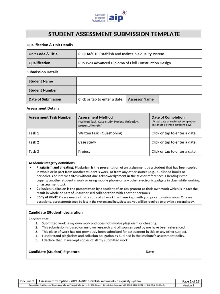 RIIQUA601E_Student Assessment Template | PDF | Quality Management ...