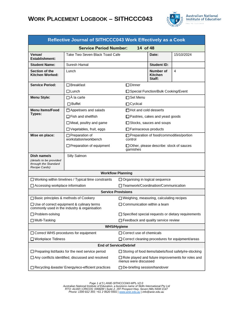 W P L - SITHCCC043: ORK Lacement Ogbook | PDF | Lunch | Cooking