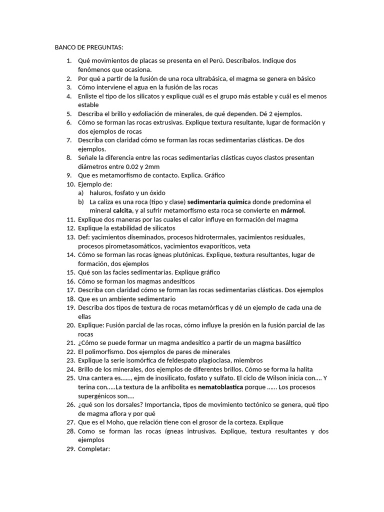 BANCO DE PREGUNTAS GEOLOGÍA | PDF | Roca (geología) | Magma