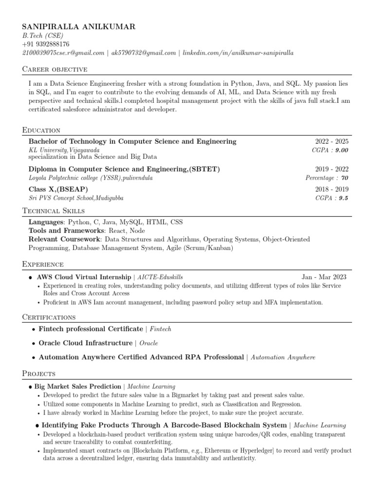 IIIT Allahabad Resume Template | PDF | Machine Learning | Cloud Computing