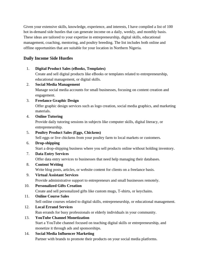 100 Side Hustle Business Ideas | PDF | Subscription Business Model ...