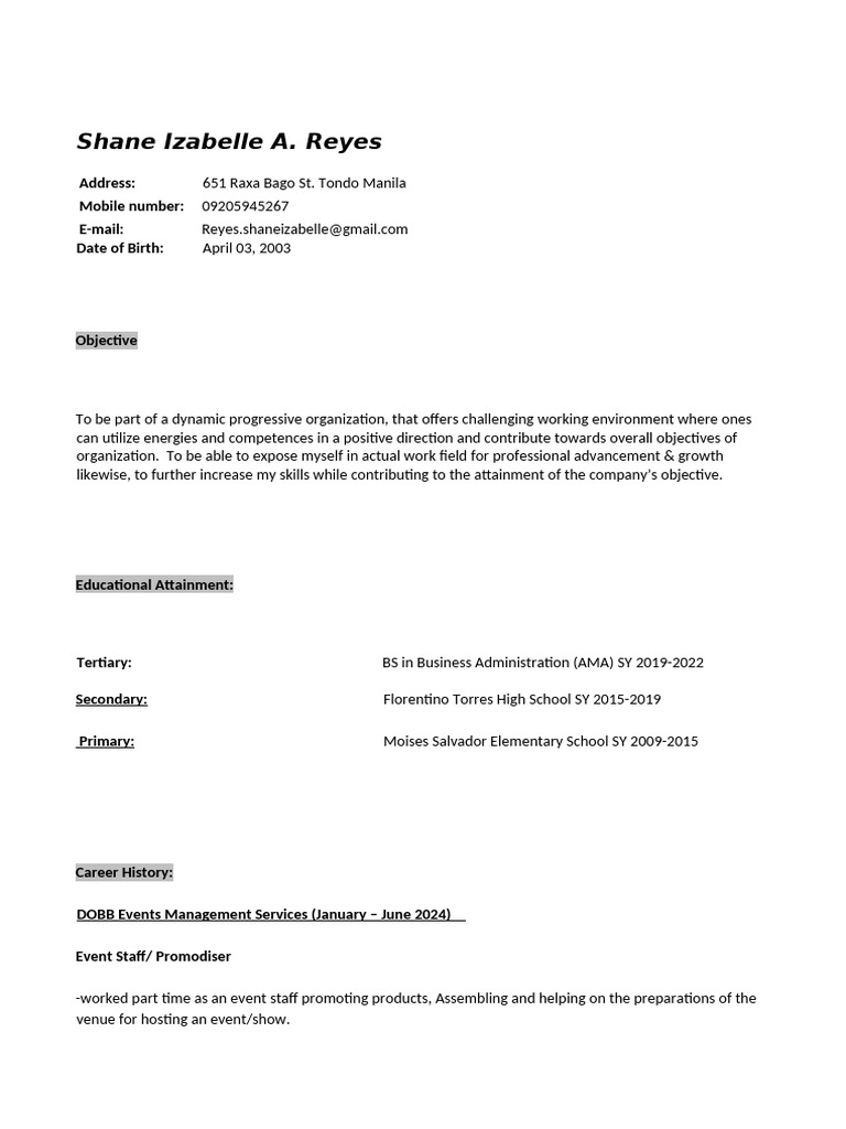 Shane Reyes Resume & Career Summary | PDF