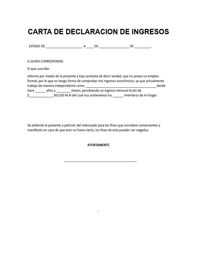 Carta de Declaracion de Ingresos | PDF
