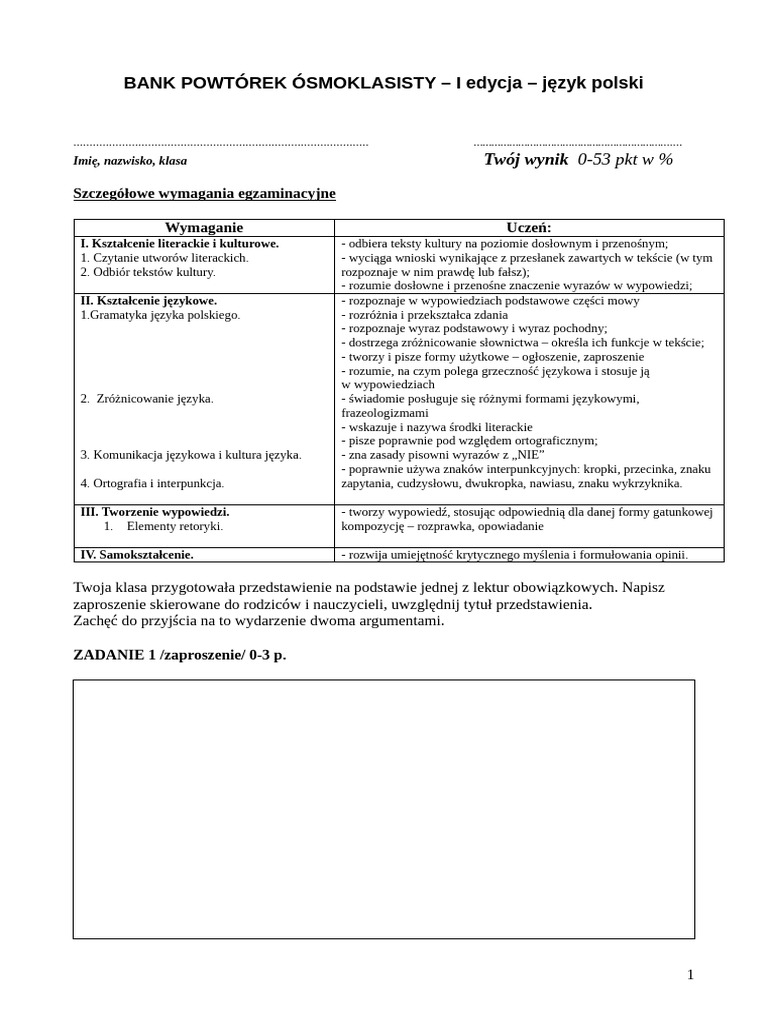 Bank 1 Powtorek Osmoklasity I Edycja Jezyk Polski | PDF