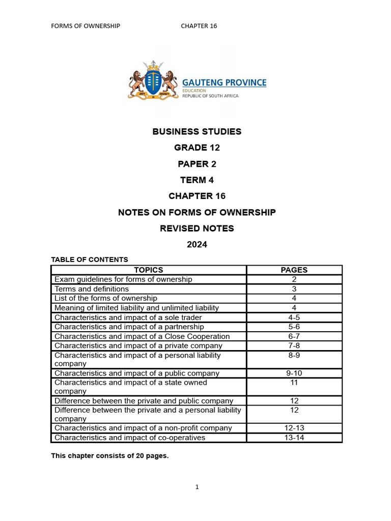 2024 Revised Chapter 16 BSTD Grade 12 Notes On Forms of Ownership | PDF ...