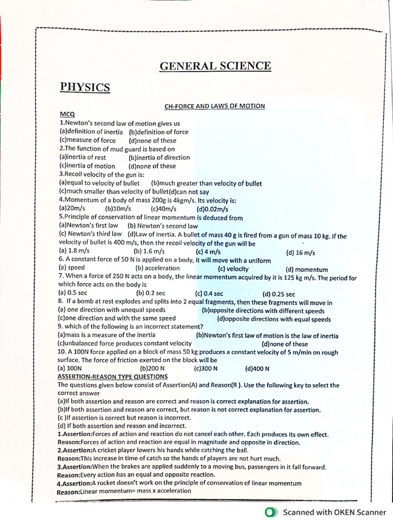 Force and Laws of Motion Question Bank | PDF