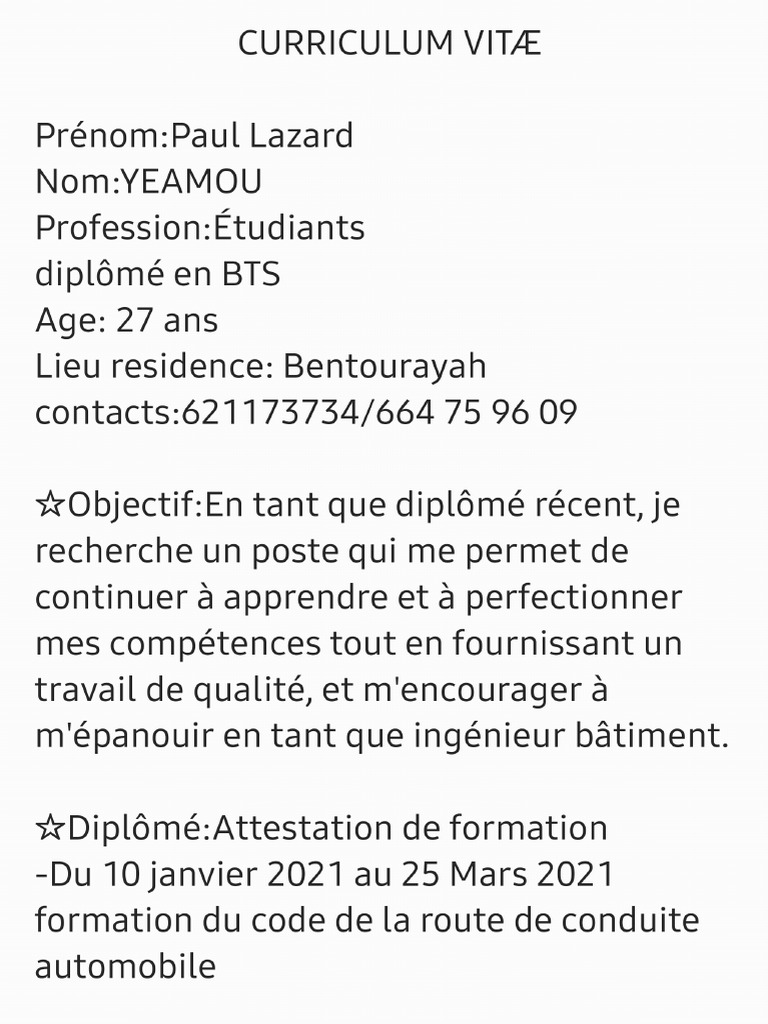 Curriculum Vitæ de Paul Lazard Yeamou | PDF